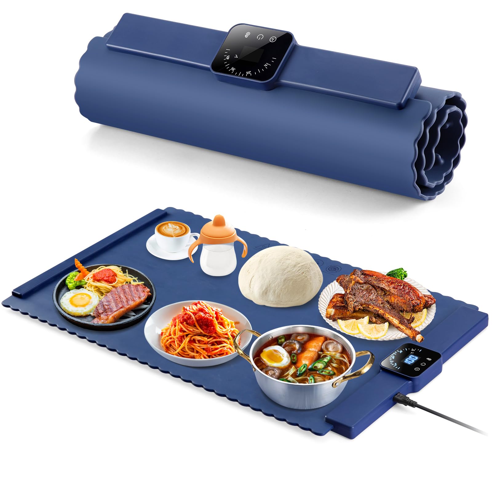 Fuloon Electric Warming Tray, Food Warmer, Silicone Mat Fast Heating, 5 Adjustable Temperature, 4 Timeable Function, Portable Foldable Roll Up Heating Pad for for Pizza, Dishes & Dinners