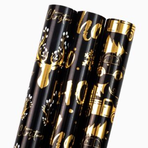 mimuti christmas wrapping paper -black and gold gift wrapping paper roll with cut lines on reverse, 17 in x 10 ft christmas wrapping paper rolls elk, ho and car design for holiday, chrsitmas, party, celebration