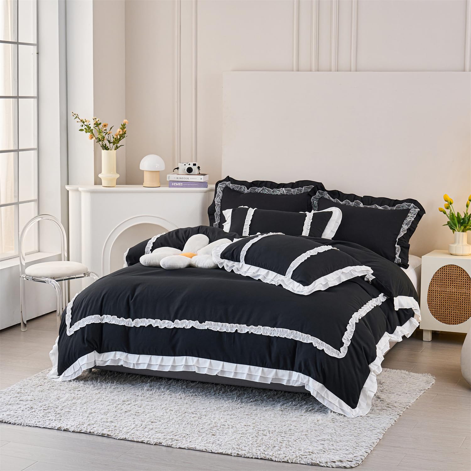 Girls Lace Bedding, Queen Comforter Cover Set, Chic Ruffled Duvet Cover with 2 Layers Ruffle,Princess Style 1 Duvet Cover with 2 Pillowcases, No Comforter-Black,Queen Size