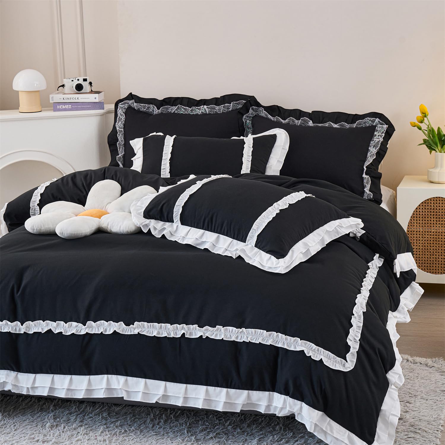 Girls Lace Bedding, Queen Comforter Cover Set, Chic Ruffled Duvet Cover with 2 Layers Ruffle,Princess Style 1 Duvet Cover with 2 Pillowcases, No Comforter-Black,Queen Size