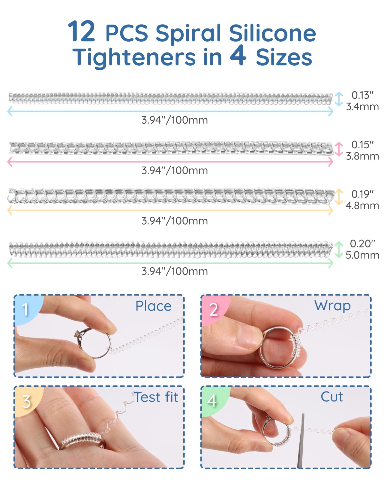 Ring Sizer Adjuster for Loose Rings, 187 Piece Ring Size Adjuster Set, w/16 Plug-in Invisible Ring Adjuster, 12 Spiral Silicone Tightener Set,Fit Any Rings,156 EVA Stickers w/Ring Size Measuring Tool