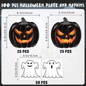 100 PCS Halloween Paper Plates and Napkins Black Pumpkin Orange Plates for Halloween Party Supplies Halloween Birthday Party Decorations