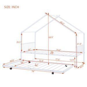 Guxeei Twin Size Metal House Bed, Modern Design Bed Frame with Trundle for Bedroom, Wood Slat Support, No Box Spring Needed, Easy Assembly (White)