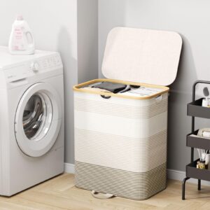 XLHOMO Double Laundry Hamper with Lid and Removable Bags, 150L Large Collapsible 2 Dividers Dirty Clothes Basket with Handles, Beige Double Laundry Basket Organizer for Bedroom,Laundry Room,College