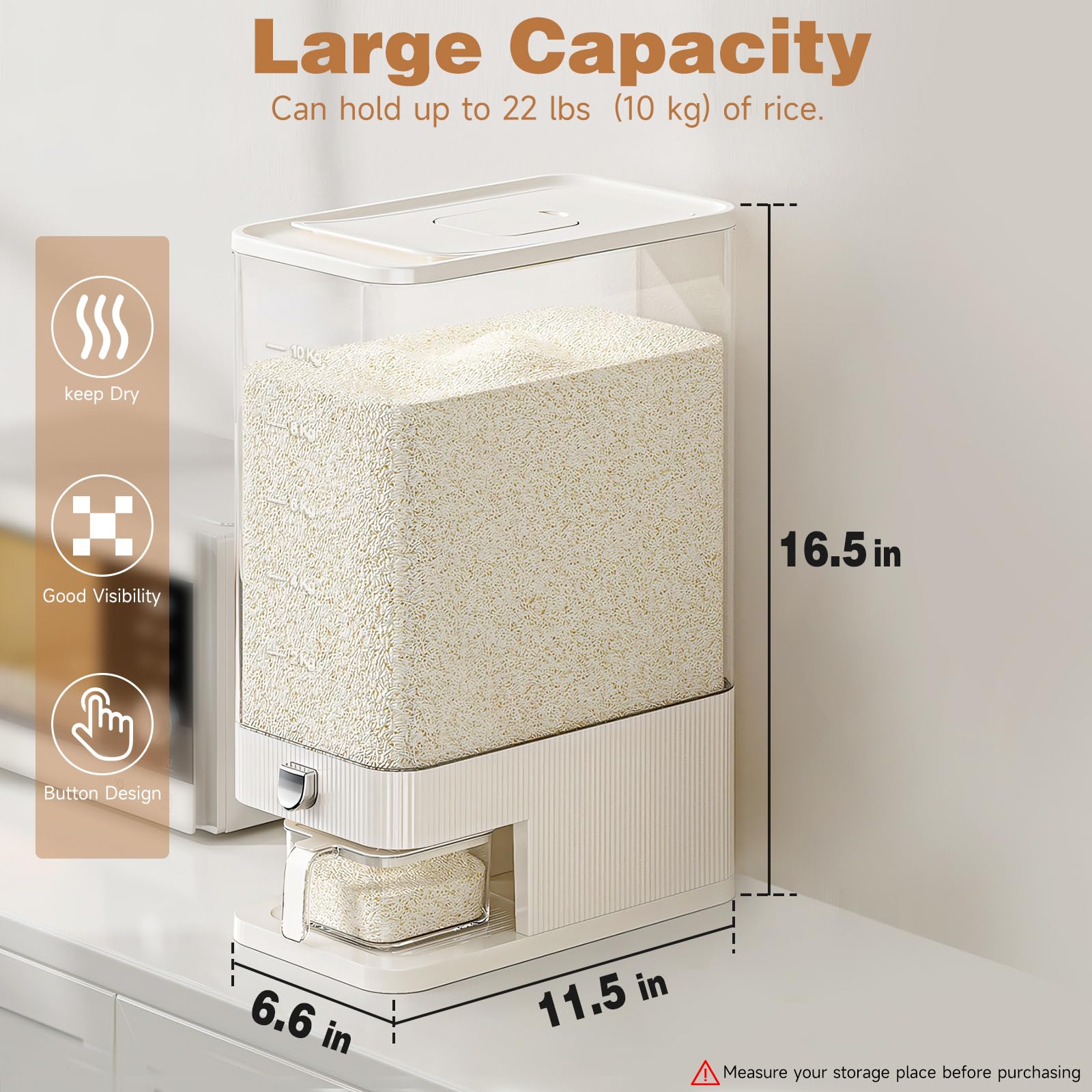 GUDEMAY Rice Dispenser with Measuring Cup and Fresh Box, Cereal Dispenser Storage Container - Ideal for Home Pantry - Keeps Rice, Soybeans, and Sugar Fresh