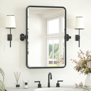 keonjinn 16 x 24 in small pivot mirror, black beveled tilt mirror bathroom rectangle, adjustable tilting bathroom mirror for over sink, modern fixed bracket framed vanity mirrors (horizontal/vertical)