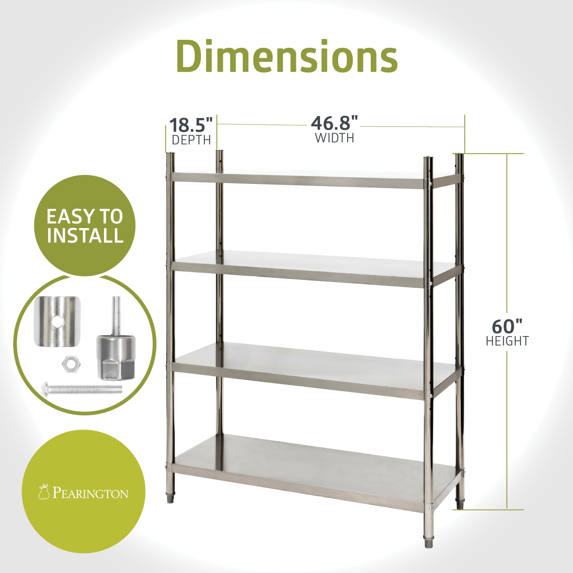 Pearington 4-Tier Commercial Grade Stainless Steel Storage Shelf for Kitchens, Stainless Steel Shelving Unit with 4 Height-Adjustable Shelves, 47" x 18.5" x 60", Silver