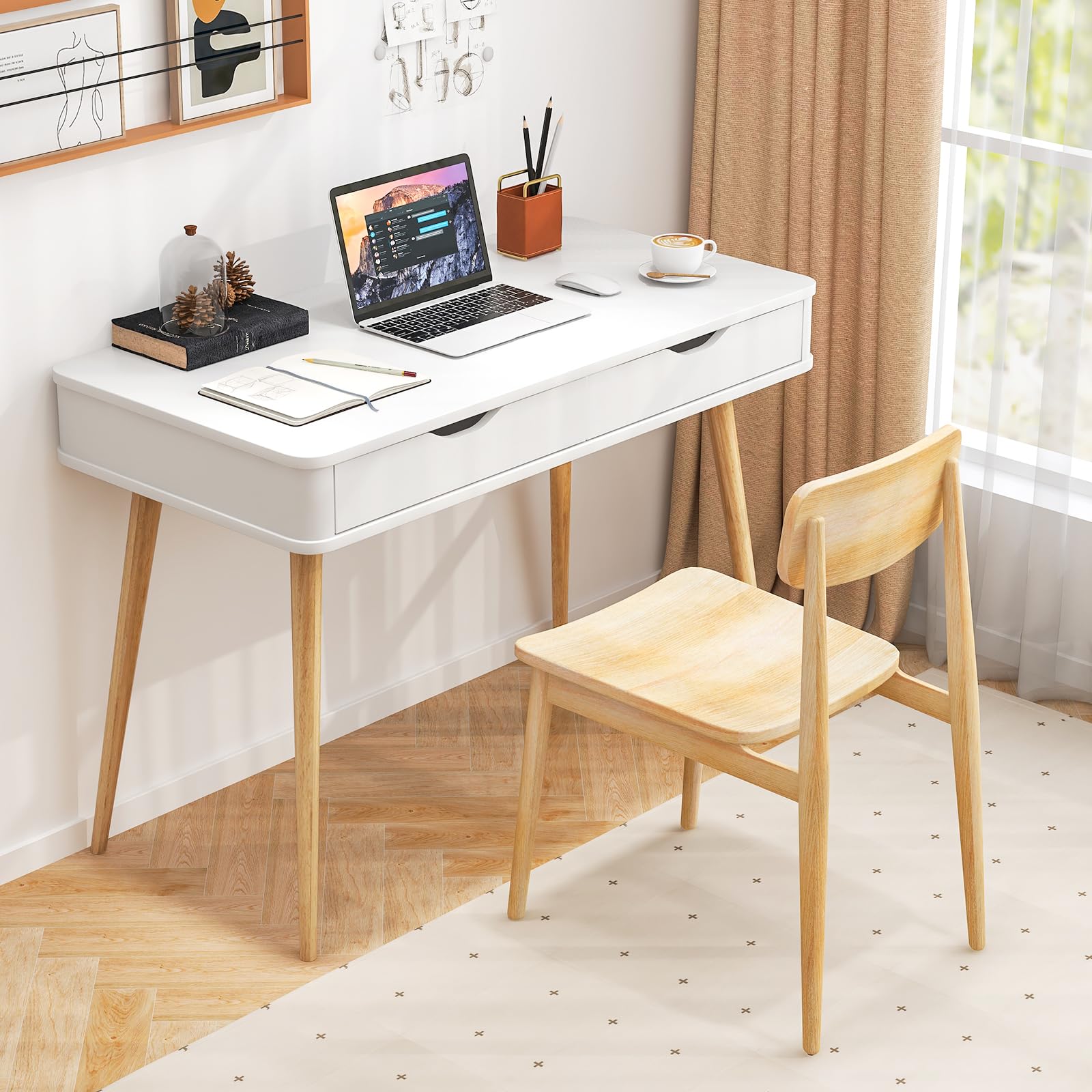 Tangkula Mid Century Desk with 2 Storage Drawers, Modern Writing Study Desk with Rubber Wood Legs, Versatile Home Office Study Desk for Small Space, Vanity Table for Bedroom (White)