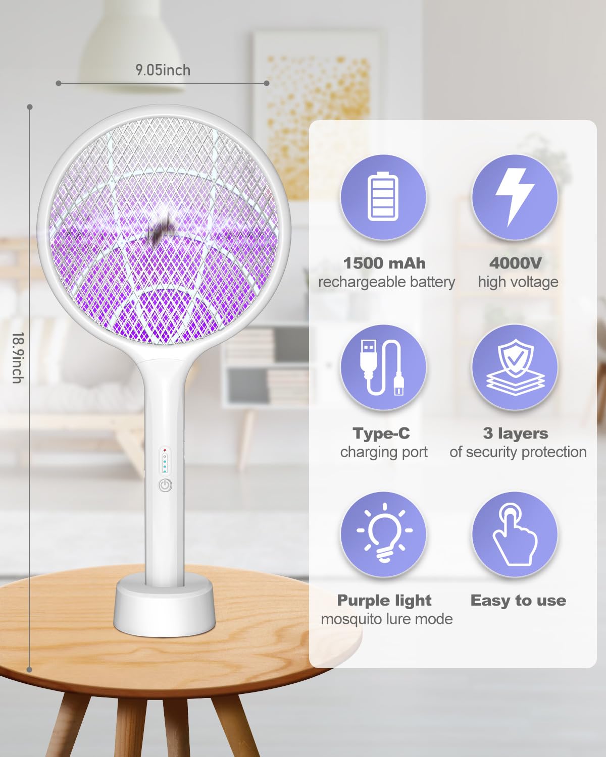 2Pack Electric Fly Swatter,4000V Bug Zapper Racket with 1500mah Battery Rechargeable,2 in 1 Fly Zapper & Purple Mosquito Killer Lamp with 3 Layers of Safety Net Suitable for Indoor and Outdoor