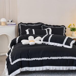 Girls Lace Bedding, Queen Comforter Cover Set, Chic Ruffled Duvet Cover with 2 Layers Ruffle,Princess Style 1 Duvet Cover with 2 Pillowcases, No Comforter-Black,Queen Size