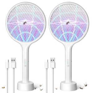 2pack electric fly swatter,4000v bug zapper racket with 1500mah battery rechargeable,2 in 1 fly zapper & purple mosquito killer lamp with 3 layers of safety net suitable for indoor and outdoor