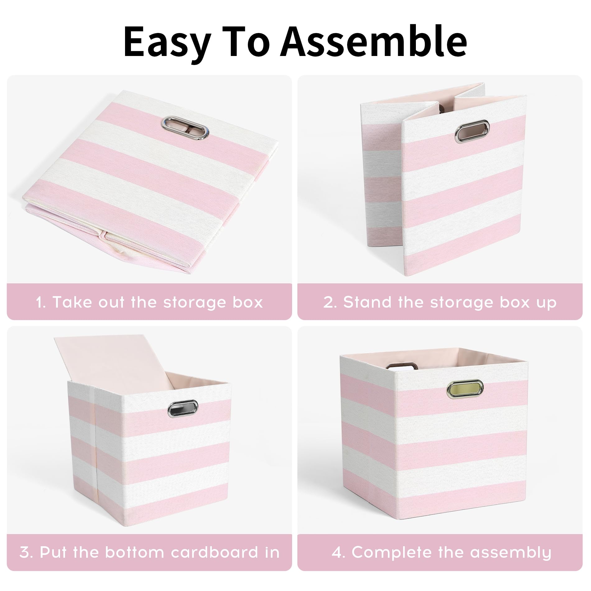 13x13 Collapsible Storage Bins, Cubby Storage Boxes with Handles for Organizing Shelf Closet, Offices, Home Decor, 4 Pack, Pink-white Stripes