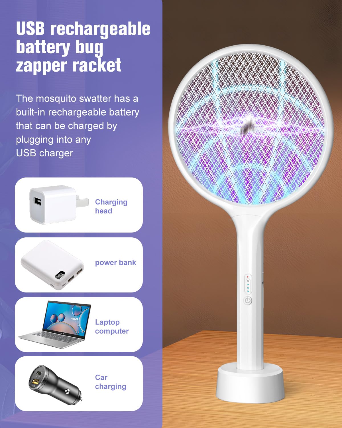 2Pack Electric Fly Swatter,4000V Bug Zapper Racket with 1500mah Battery Rechargeable,2 in 1 Fly Zapper & Purple Mosquito Killer Lamp with 3 Layers of Safety Net Suitable for Indoor and Outdoor