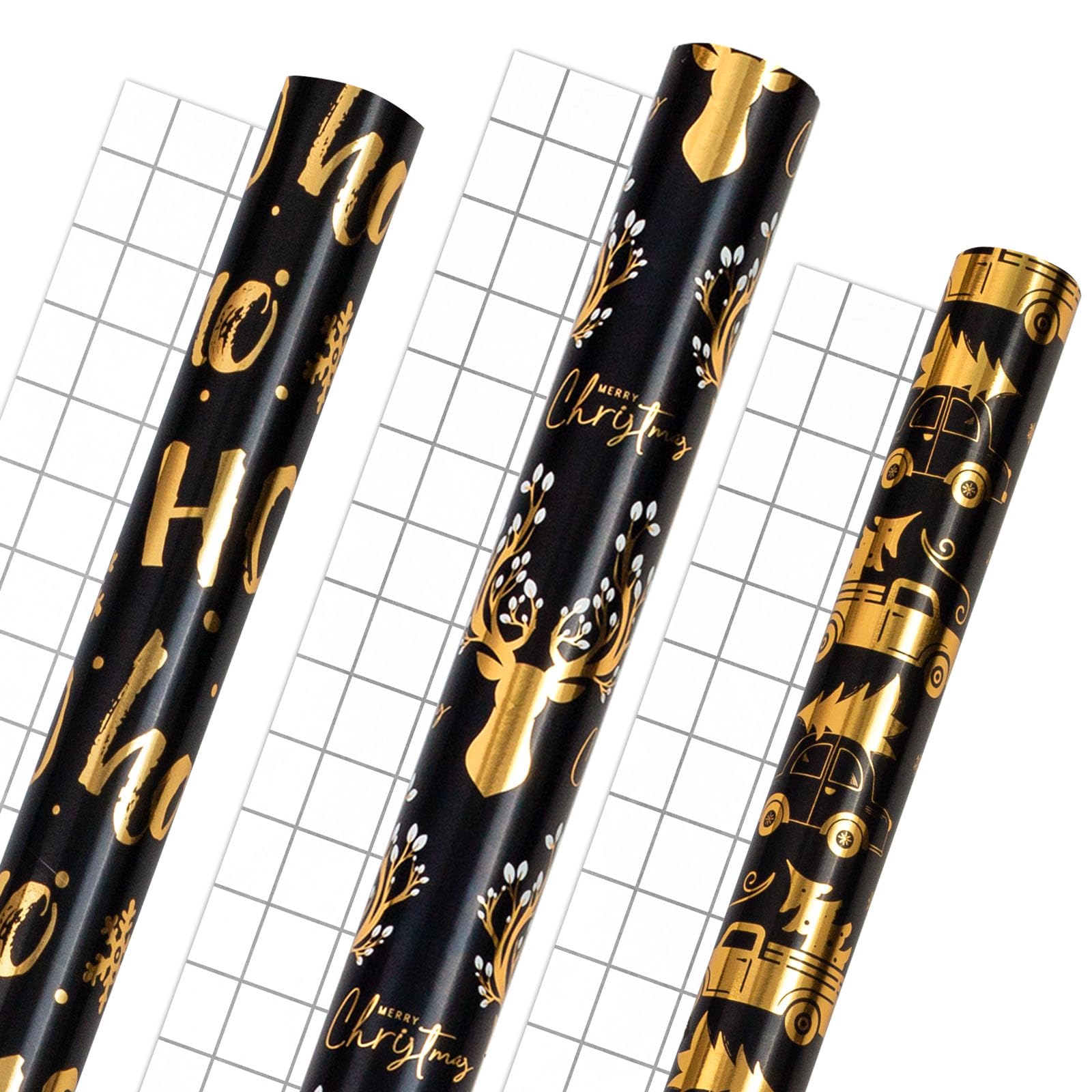 MIMUTI Christmas Wrapping Paper -Black and Gold Gift Wrapping Paper Roll with Cut Lines on Reverse, 17 in x 10 ft Christmas Wrapping Paper Rolls Elk, Ho and Car Design for Holiday, Chrsitmas, Party, Celebration