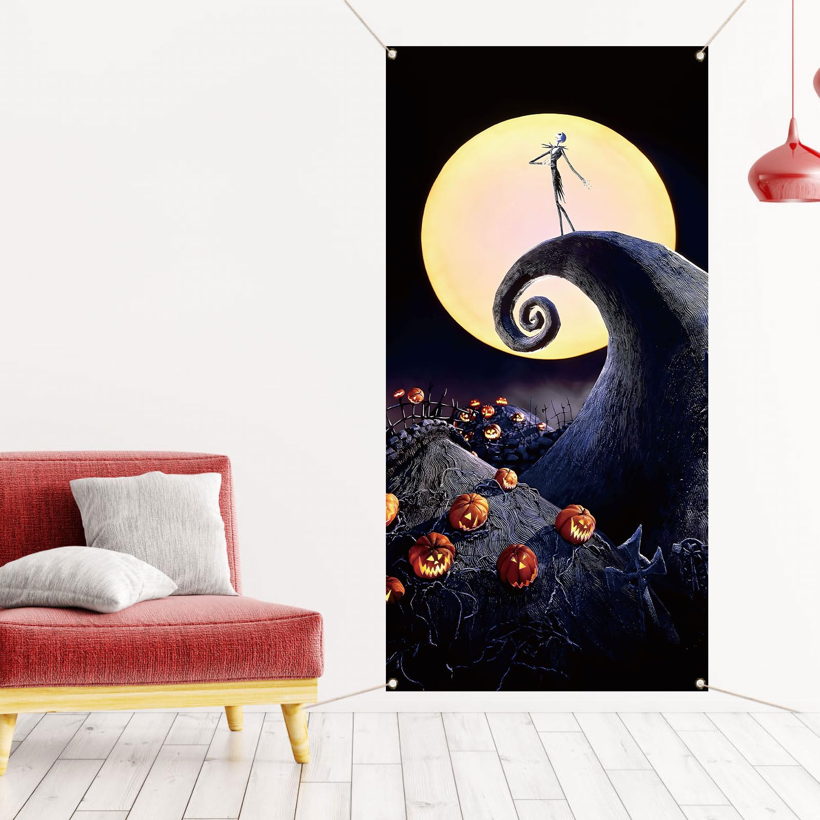 Vohado Nightmare Before Christmas Door Cover Jack Skellington Birthday Party Decoration Moon Hill Scene Halloween Front Porch Banner Decor