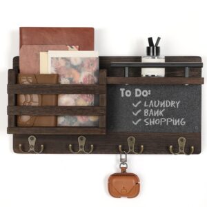 lucundm key holder for wall, mail holder organizer wall mount with chalkboard and shelf, key hanger rack with 4 dual hooks for coat dog leash, farmhouse entryway decor (brown)