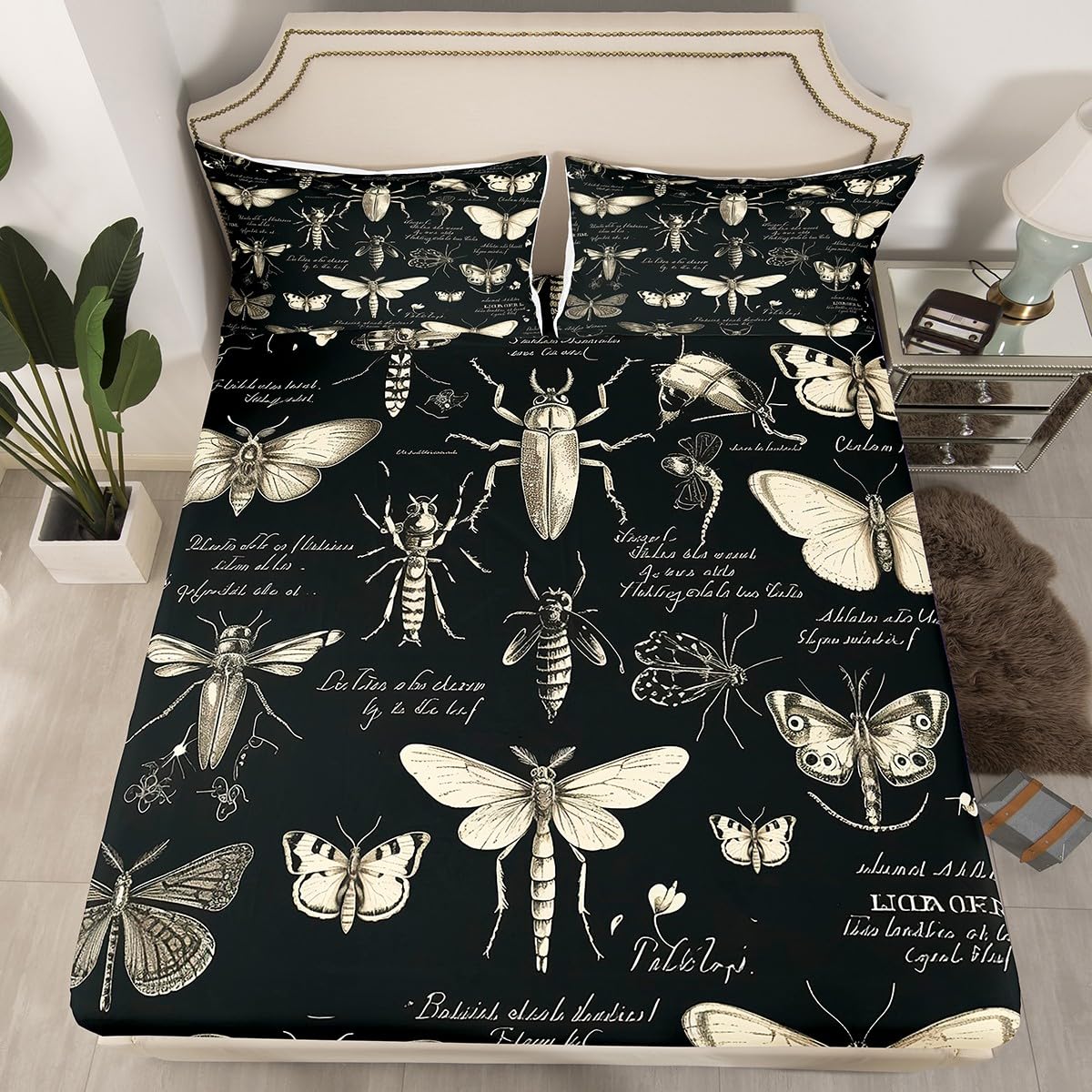 Butterfly Moth Insects Fitted Sheet Twin Size,Bug Beetles Entomological Bed Sheet for Kids Boys Teens Men Bedroom Decor,Nature Animal Bedding Set Retro Black Brown Deep Pocket Sheet,1 Pillowcase