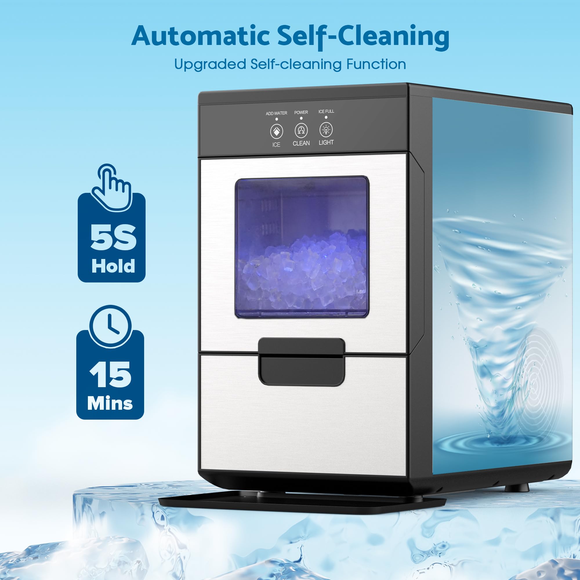 ADVWIN Nugget Countertop Ice Maker, 44Lbs/Day Pebble Ice Machine with Soft Chewable Ice, One-Click Operation, Self-Cleaning, Portable Sonic Ice Maker with Ice Scoop & Removable Basket