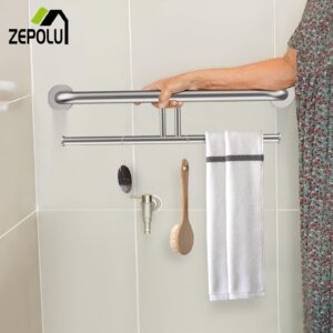 Brushed Nickel Double Toilet Paper Holder w/Safety Bar 24 inch, Zepolu 2-in-1 Assist Bar Balanced Support Handle, Stainless Steel Wall Mounted Bathroom Toilet Grab Bar for Senior Elderly Handicap