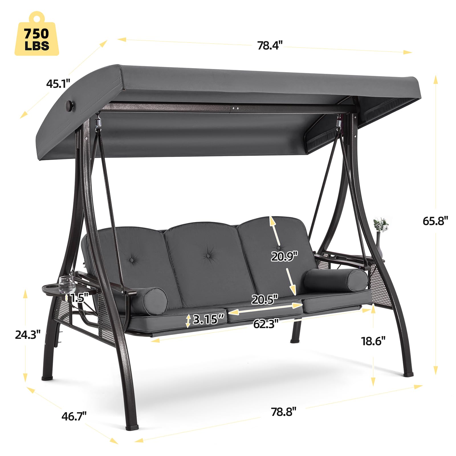 HOMREST 3 Person Outdoor Porch Swing with 1.5" Deep Cup Holder, Adjustable Canopy, Backrest, Patio Swing Bed with Weather Resistant Steel Frame, Cushions for Garden,Deck and Poolside(Grey)