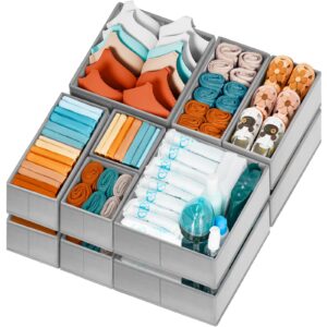 criusia drawer organizer clothes 12 pack -dresser organizer bins for closet bedroom - baby clothes organizers and storage for nursery organization -drawer organizer divider for sock underwear-grey