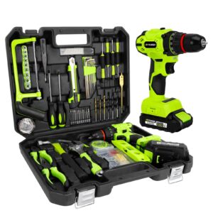 ryojegk home tool set with brushless drill, 20v 119pcs cordless drill tool box with battery, tool kit with drill for men & woman, 24+1 keyless metal chuck brushless drill set for household repair kit