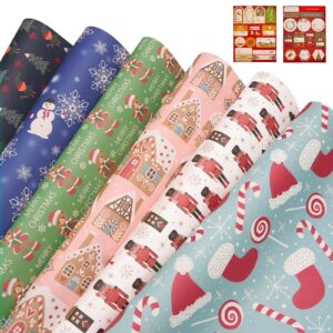 paper fair 12pcs candy cane christmas wrapping paper precut folded sheets, 27.5x20'' w/gift tag sticker bulk, holiday classic red green gift wrap party packaging, candy cane, nutcracker, snowman, ginger bread, elf for kids