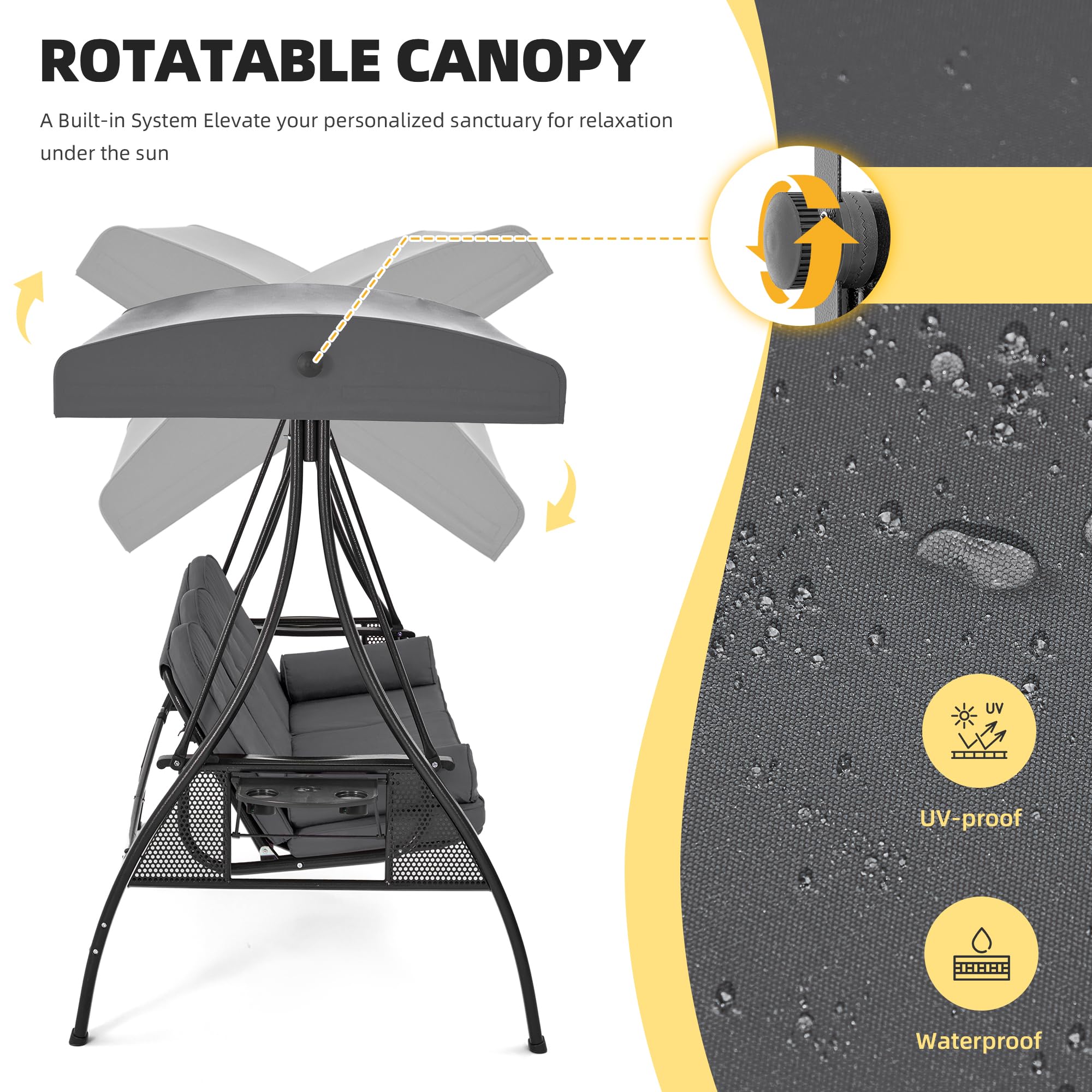 HOMREST 3 Person Outdoor Porch Swing with 1.5" Deep Cup Holder, Adjustable Canopy, Backrest, Patio Swing Bed with Weather Resistant Steel Frame, Cushions for Garden,Deck and Poolside(Grey)