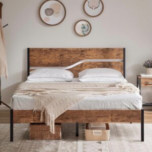 VECELO Full Size Platform Bed Frame with Wood Headboard, Solid and Strong Metal Support, No Box Spring Needed