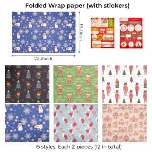 PAPER FAIR 12Pcs Candy Cane Christmas Wrapping Paper Precut Folded Sheets, 27.5x20'' w/Gift Tag Sticker Bulk, Holiday Classic Red Green Gift Wrap Party Packaging, Candy Cane, Nutcracker, Snowman, Ginger Bread, Elf for Kids