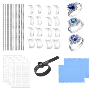 ring sizer adjuster for loose rings, 187 piece ring size adjuster set, w/16 plug-in invisible ring adjuster, 12 spiral silicone tightener set,fit any rings,156 eva stickers w/ring size measuring tool