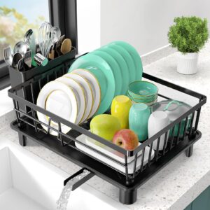 dish drying rack, space-saving dish rack for kitchen counter, stainless steel dish rack with cutlery holder, removable dish drainer, drainboard and adjustable spout for various kitchenware,15x11x6.7''