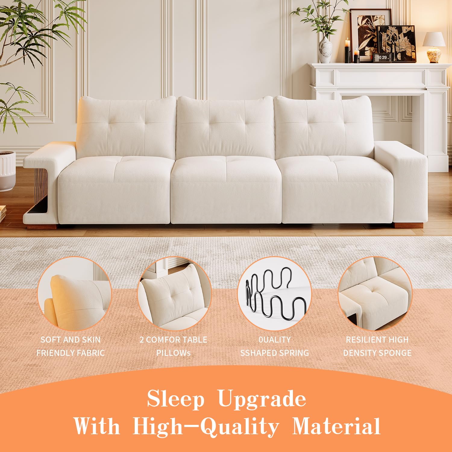 3 Seater Couch for Living Room, 89" Modern Sofa for Small Space,Comfy Couches with Wide Armrest, Cream Sofa,Sleeper Chenille Couch,Cloud Couch for Apartment Lounge,Beige