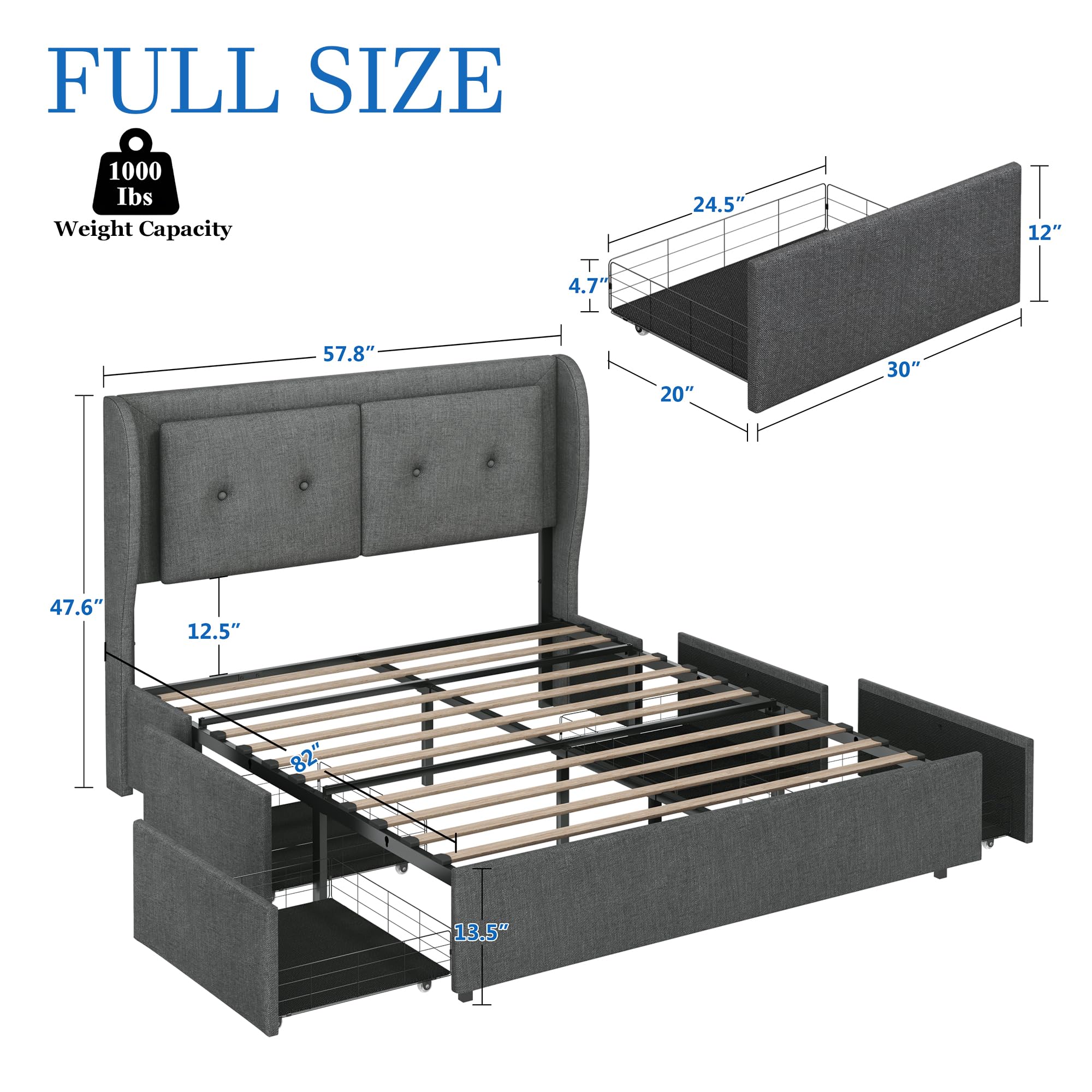 LIMGLIM Full Size Bed Frame with Storage, LED Full Bed Frame and Wingback Headboard, Upholstered Platform Bed Frame with Drawers, No Box Spring Needed, No-Noise, Easy Assembly, Grey