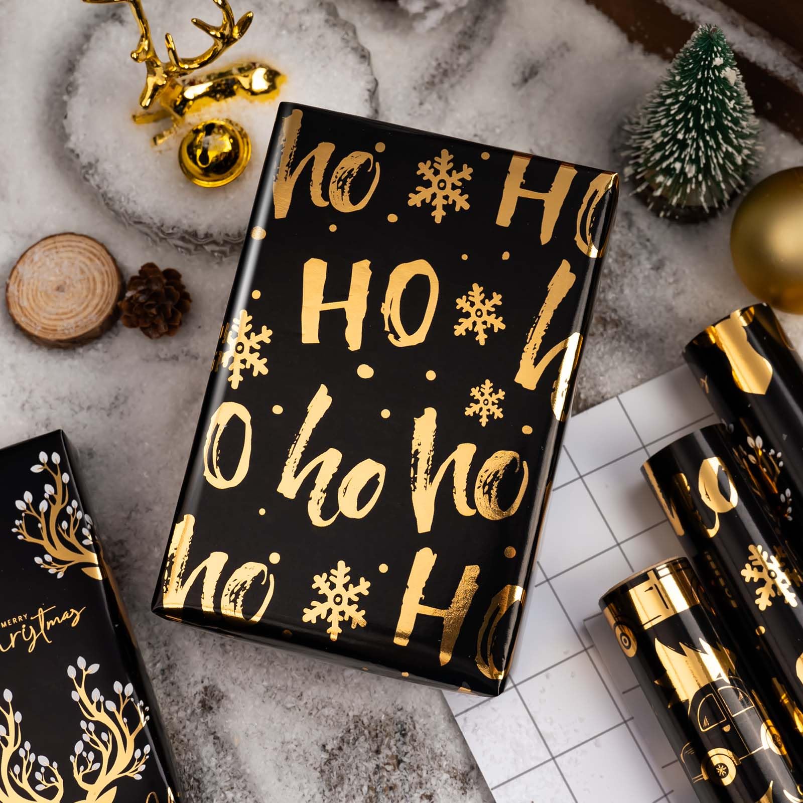 MIMUTI Christmas Wrapping Paper -Black and Gold Gift Wrapping Paper Roll with Cut Lines on Reverse, 17 in x 10 ft Christmas Wrapping Paper Rolls Elk, Ho and Car Design for Holiday, Chrsitmas, Party, Celebration