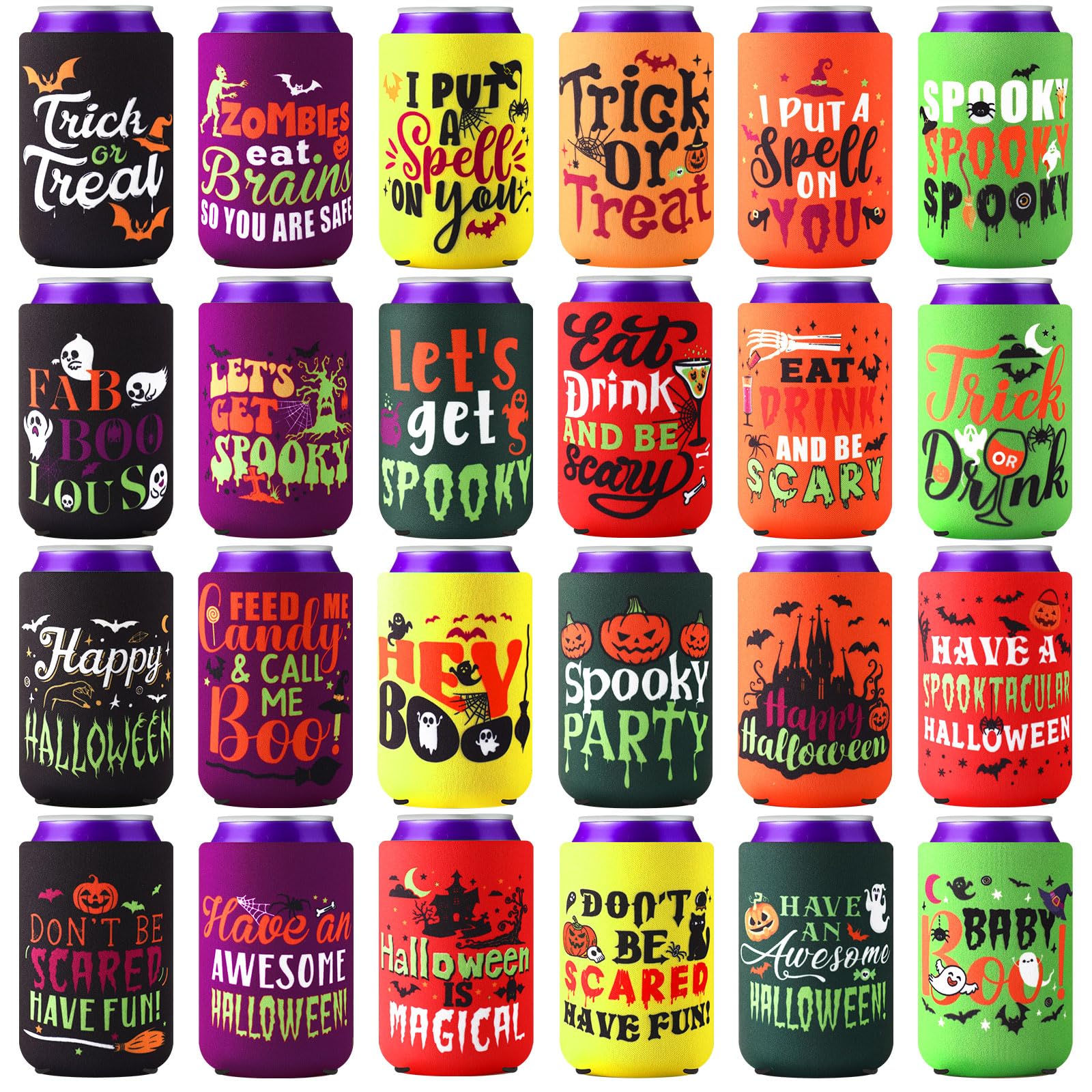 Potchen 24 Pcs Halloween Beer Can Cooler Sleeves 12 oz Soda Beer Drink Cooler Sleeve Reusable Neoprene Witch Skull Can Holders Bottle Covers for Halloween Party Supplies (Dark Color,Slang)