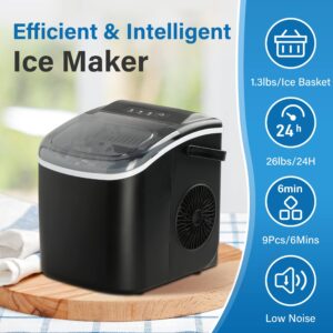 Simple Deluxe Portable Countertop Ice Maker, 26lbs Ice/24H, 9 Ice Cubes in 6 Minutes, with Basket and Ice Spoon, Self-Cleaning, for Indoor and Outdoor, Black