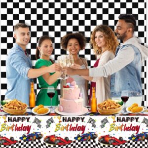 WovWeave 2 Pack Race Car Backdrops Birthday Party Decorations Checkered Backdrop Black and White Foil Fringe Curtains for Race Car Birthday Fast Wheels Lightning Party Decoration Banner Photo Prop