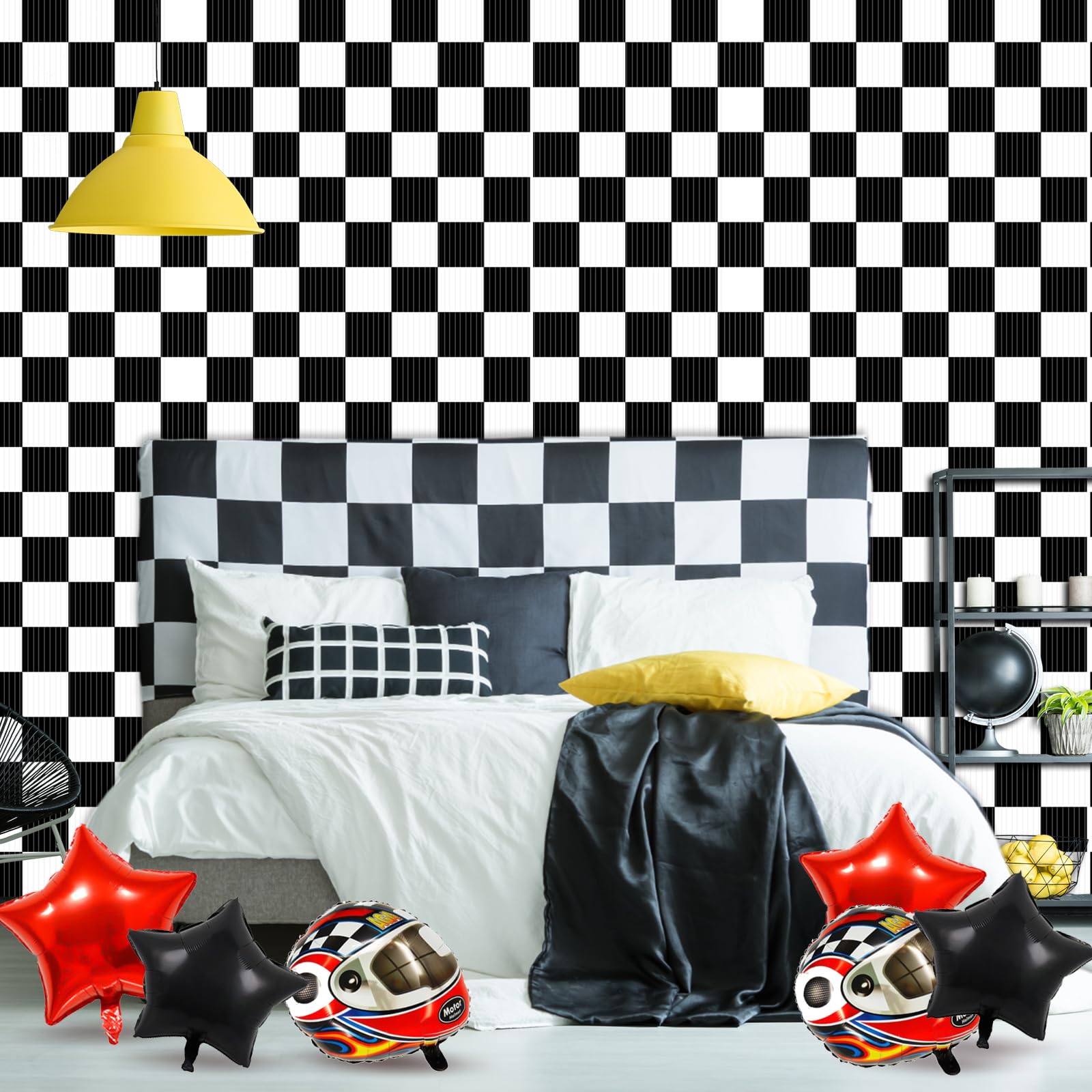 WovWeave 2 Pack Race Car Backdrops Birthday Party Decorations Checkered Backdrop Black and White Foil Fringe Curtains for Race Car Birthday Fast Wheels Lightning Party Decoration Banner Photo Prop