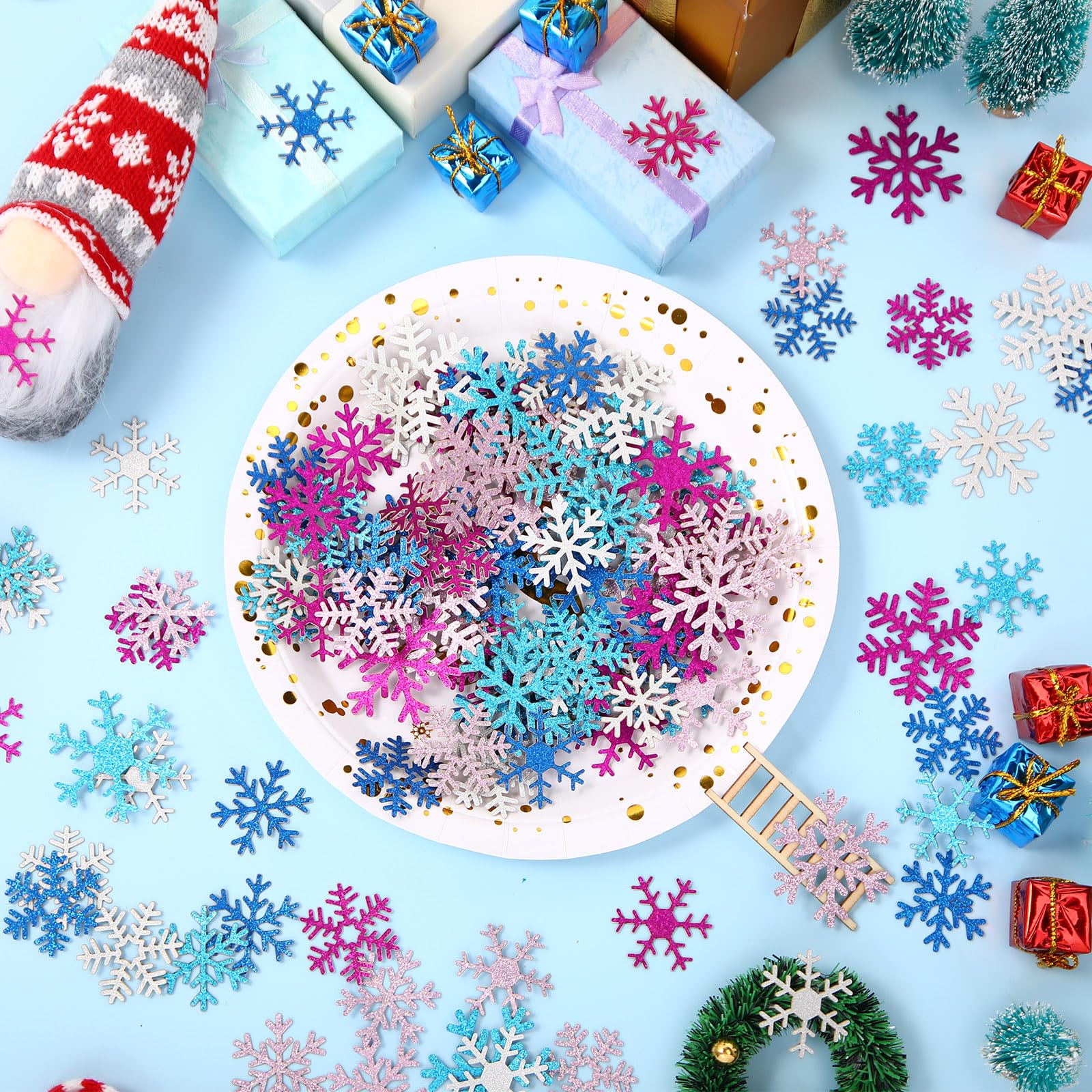 Pasimy 200 Pcs Snowflakes Confetti Decorations frozen birthday confetti winter wonderland christmas table decor glitter snow confetti for Birthday Wedding New Year Xmas Holiday surprise party supplies