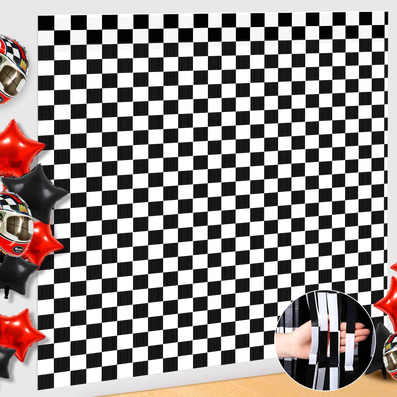 WovWeave 2 Pack Race Car Backdrops Birthday Party Decorations Checkered Backdrop Black and White Foil Fringe Curtains for Race Car Birthday Fast Wheels Lightning Party Decoration Banner Photo Prop