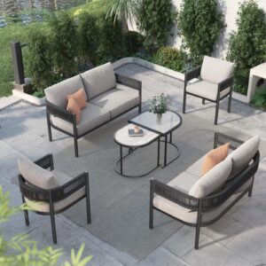 Grand patio 6-Piece Wicker Outdoor Furniture Set with Beige Thick Cushions and Coffee Table, Patio Sofa Conversation Set for Backyard, Balcony, Garden