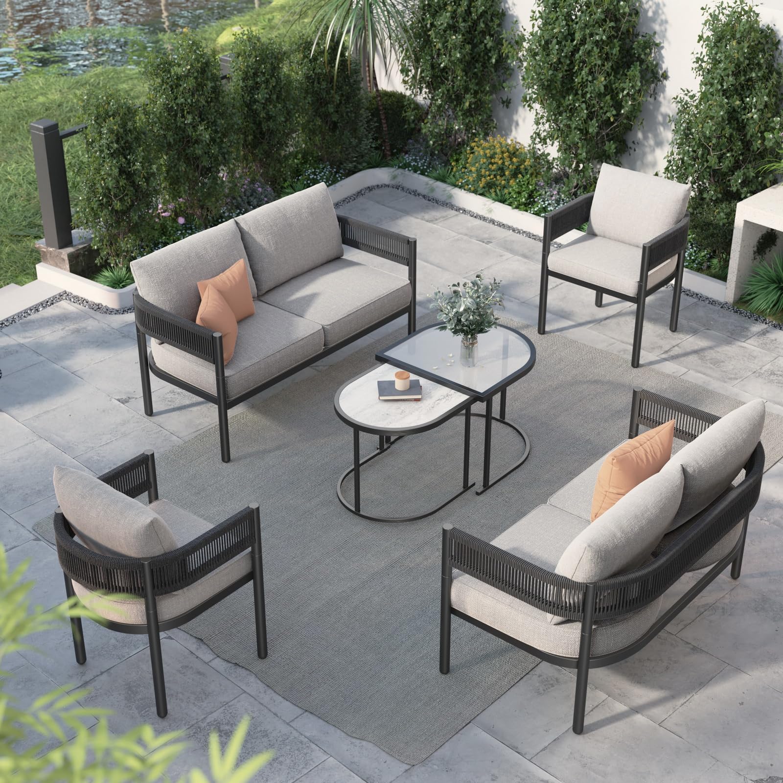 Grand patio 6-Piece Wicker Outdoor Furniture Set with Beige Thick Cushions and Coffee Table, Patio Sofa Conversation Set for Backyard, Balcony, Garden