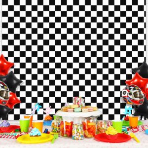 WovWeave 2 Pack Race Car Backdrops Birthday Party Decorations Checkered Backdrop Black and White Foil Fringe Curtains for Race Car Birthday Fast Wheels Lightning Party Decoration Banner Photo Prop