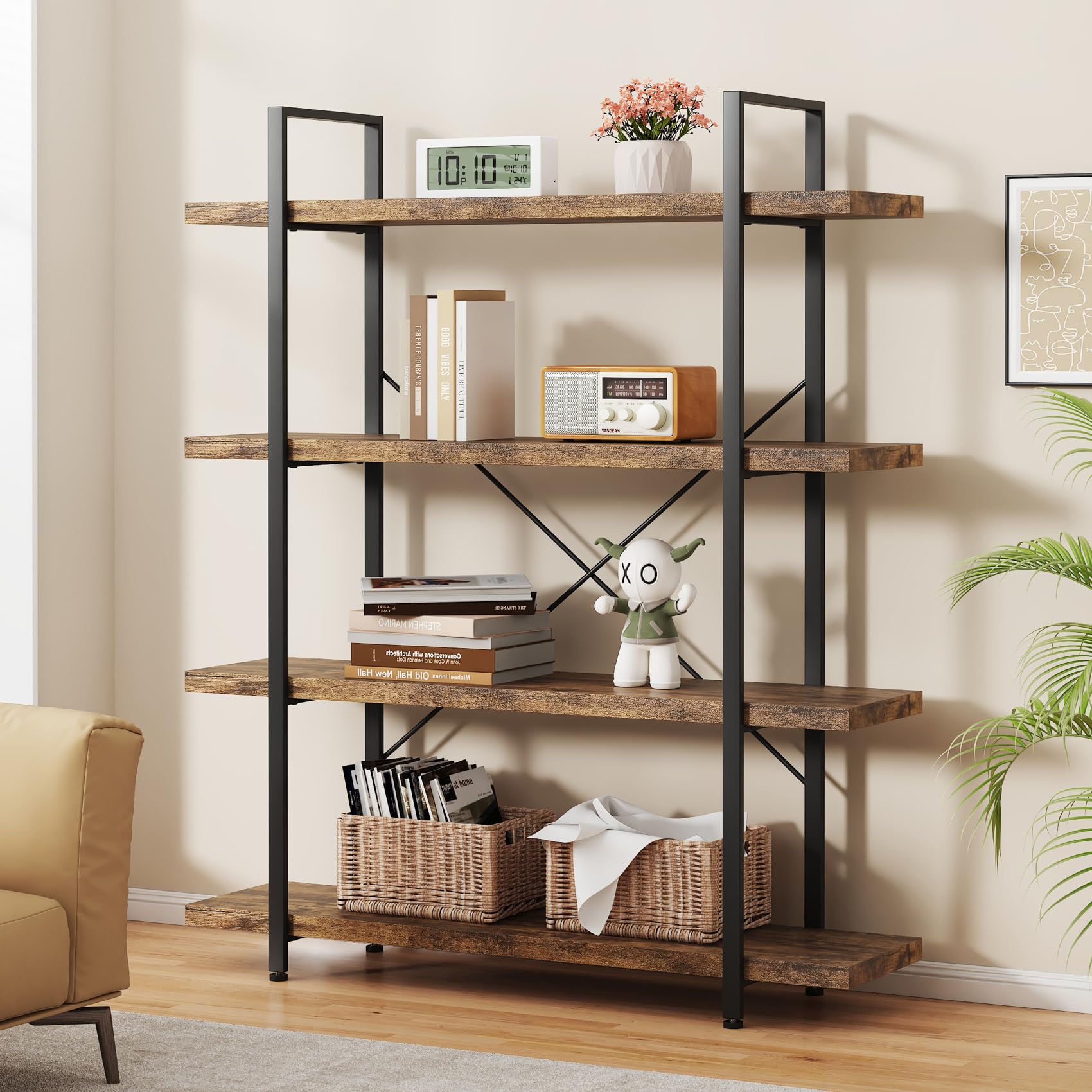 OtterOasis Bookshelf, 4 Tier Book Shelf, Industrial Bookcase for Home and Office, 47" Length Wide Wood Standing Bookshelf Display Open Shelving Rack, Rustic Horizontal Shelves for Living Room Bedroom