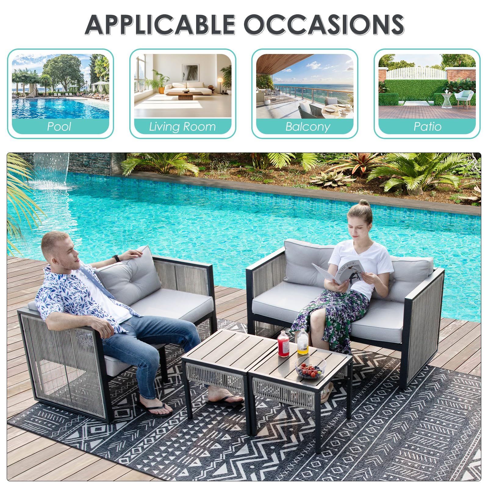 RADIATA PE Wicker Patio Furniture Set, Modern Outdoor All-Weather Rattan Sofa Sectional Set with 4'' Thick Cushions and Ottomans for Backyard Garden Living Room