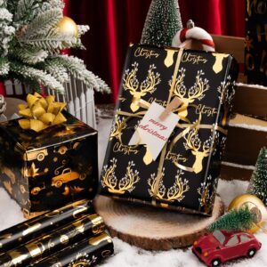 MIMUTI Christmas Wrapping Paper -Black and Gold Gift Wrapping Paper Roll with Cut Lines on Reverse, 17 in x 10 ft Christmas Wrapping Paper Rolls Elk, Ho and Car Design for Holiday, Chrsitmas, Party, Celebration