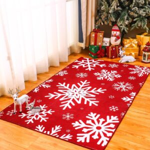 drydiet christmas area rug xmas snowflake washable non slip rug, red white xmas winter door mat holiday decor carpet for living room bedroom dining room kitchen bathroom hallway (3 x 5 feet)