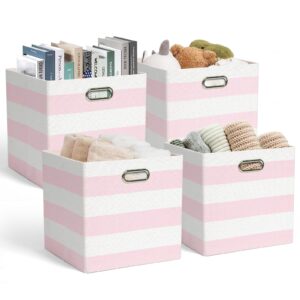 13x13 collapsible storage bins, cubby storage boxes with handles for organizing shelf closet, offices, home decor, 4 pack, pink-white stripes