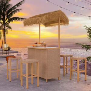 grand patio outdoor tiki bar set with widen ceramic top (42" w), phuket 5-piece wicker islander tiki bar and 4 stools storage for garden, natural